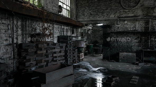 Messy building with stacks of metals and a concrete brick wall Stock ...