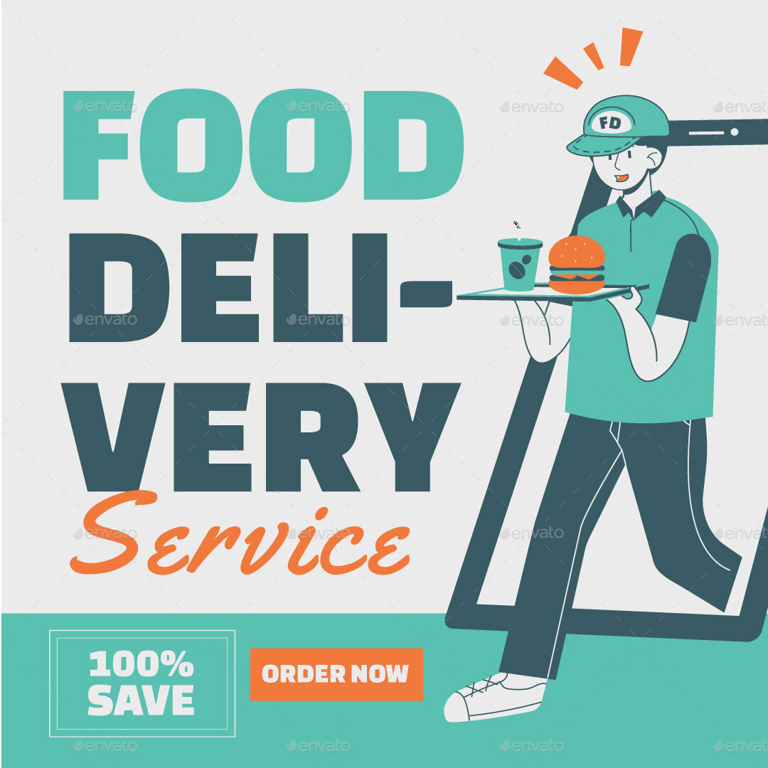 Food Delivery Service Flyer and Social Media Template, Print Templates