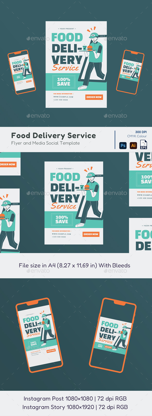 Food Delivery Service Flyer and Social Media Template, Print Templates