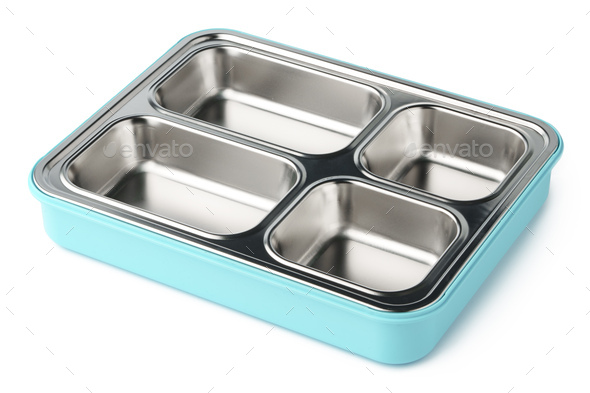 Empty lunch box with metal compartments isolated on white background ...