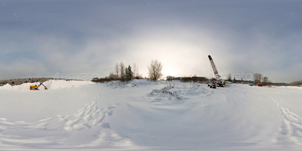 360 panorama exterior in sandy snow covered abandoned quarry in ...