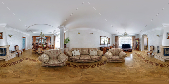 hdri 360 panorama interior of living room in apartment with fireplace ...