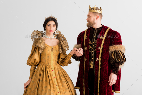 queen and king with crowns holding hands isolated on grey Stock Photo ...