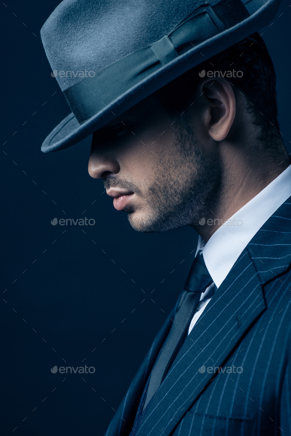 Profile of mafioso in suit and felt hat on dark background Stock Photo ...