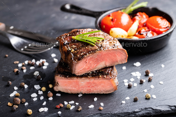 Closeup ready to eat steak Top Blade beef breeds of black Angus with ...