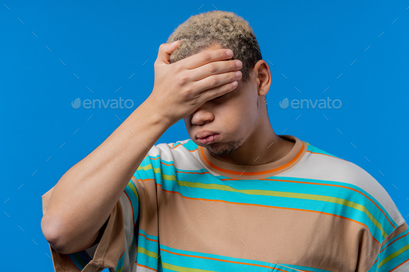 Worried sad man, no, he forgot. Disappointed guy feeling sorrow, regret ...