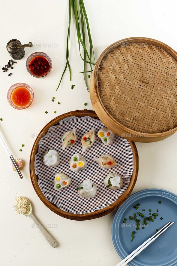 Flatlay Various Yumcha Dim Sum Dumpling on Pastel Color Plate, Copy ...