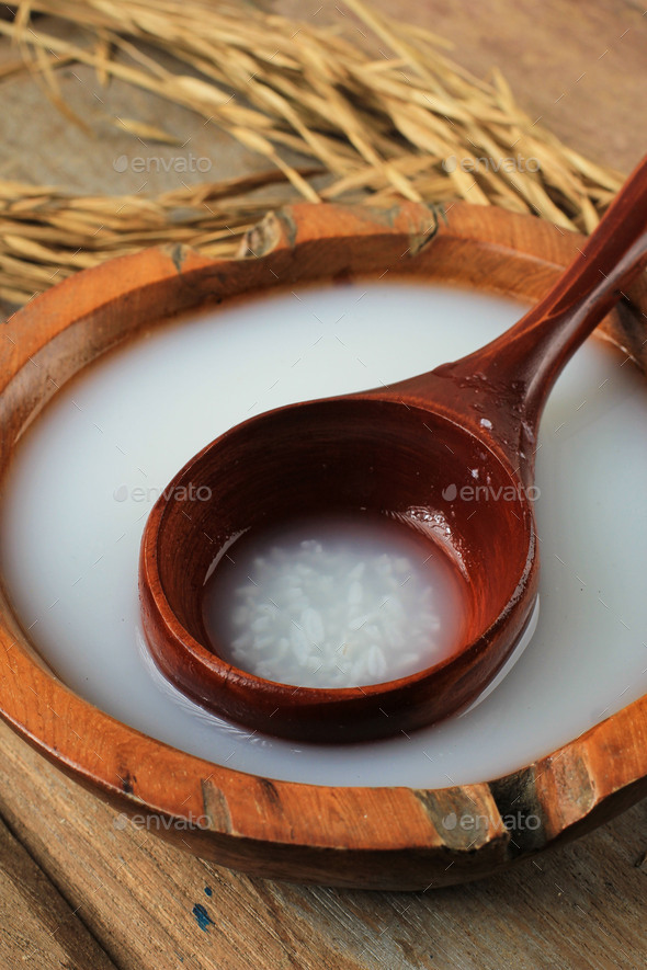 Sikhye or Dongdongju, Korean Sweet Rice Drink, Served on Wooden Bowl ...