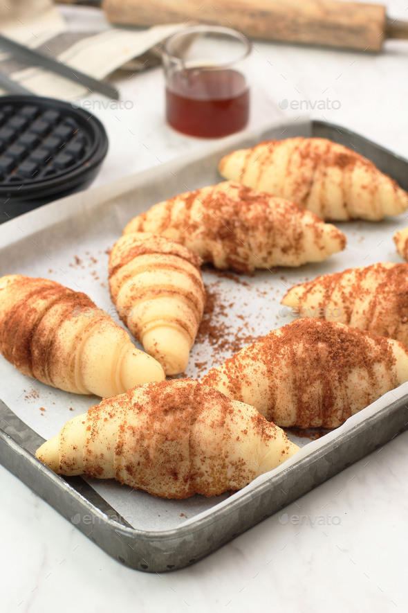 Preparation Making Croffle: Female Chef Coating Raw Croissant Dough ...