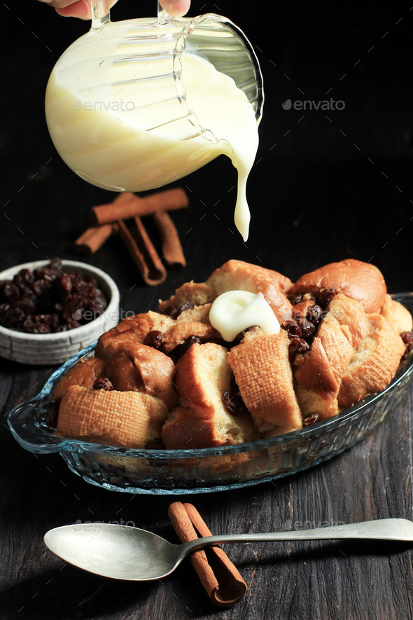 Pour Vanilla Vla Rich Custard to Bread Pudding Stock Photo by ...