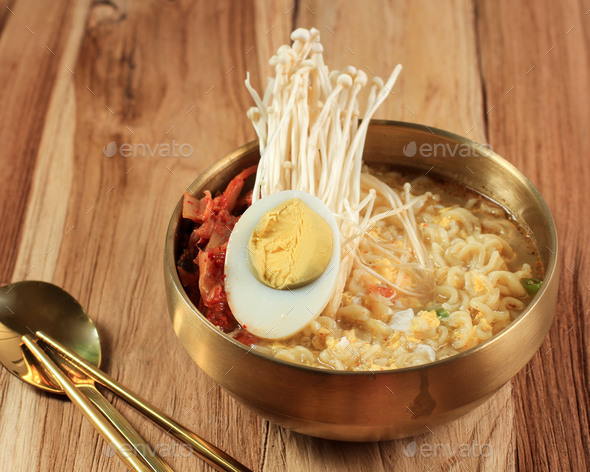 Korean style instant noodle, Ramyeon or Ramyun with spicy flavour ...