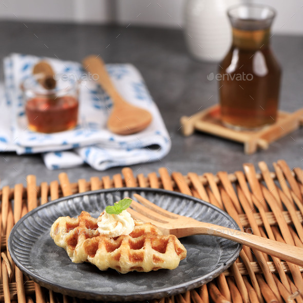 Close Up Croissant Waffle (Croffle) with Cream Cheese on Top Stock ...