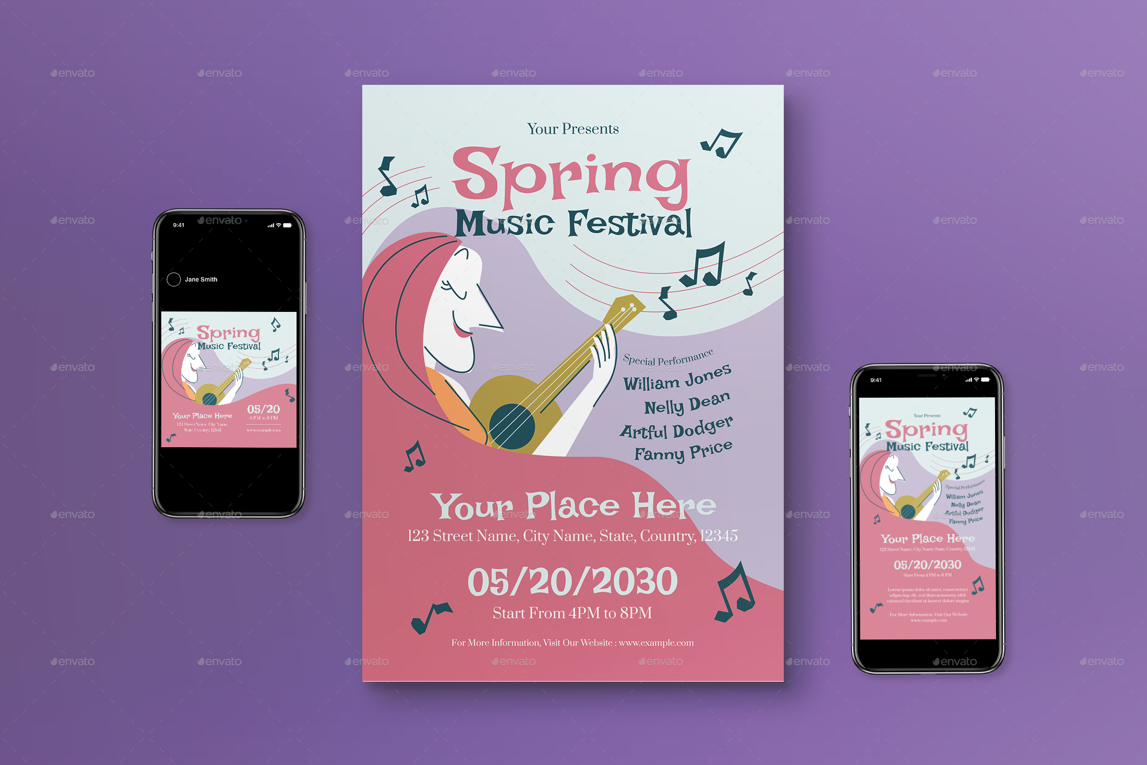 Pink Mid Century Spring Music Festival Flyer Set, Print Templates ...