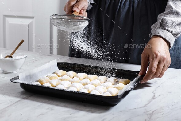 Coating vanillekipferl Cookie with Sugar Dust Using Strainer, Fresh ...