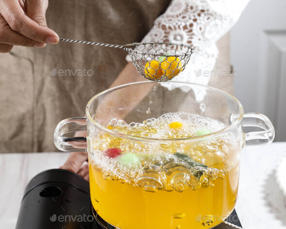 Take Tang Yuan Balls from Boiling Water Using Wire Strainer. Cooking ...