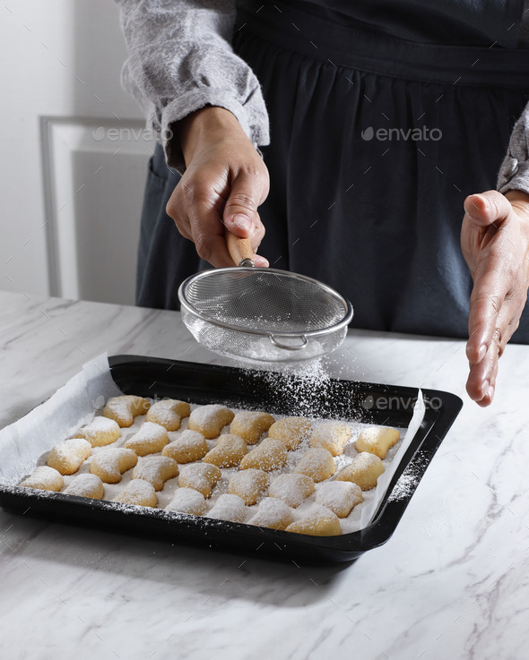 Coating vanillekipferl Cookie with Sugar Dust Using Strainer, Fresh ...