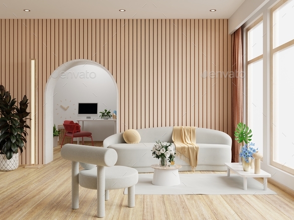 Living room with sofa and armchair in two tone color wall,minimalist ...