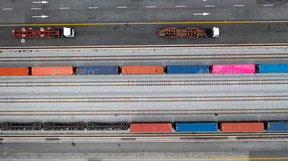 Aerial view of shipping container rail terminal, Train wagon cargo ...
