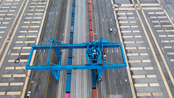 Aerial view of shipping container rail terminal, Train wagon cargo ...