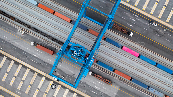 Aerial view of shipping container rail terminal, Train wagon cargo ...