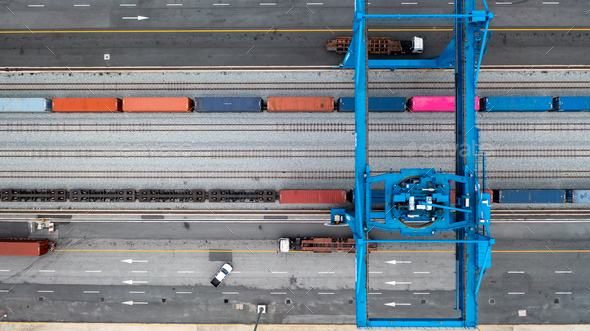 Aerial view of shipping container rail terminal, Train wagon cargo ...