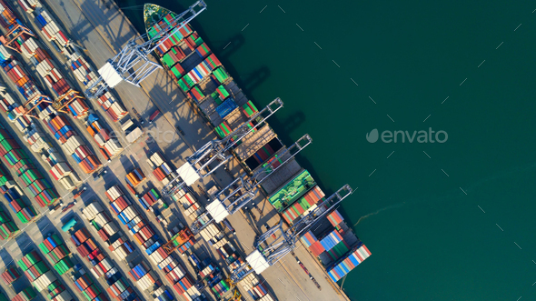 Aerial view container ship freight shipping at port, Global business ...