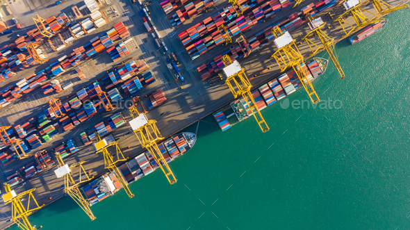 Container ship at industrial port import export global business ...