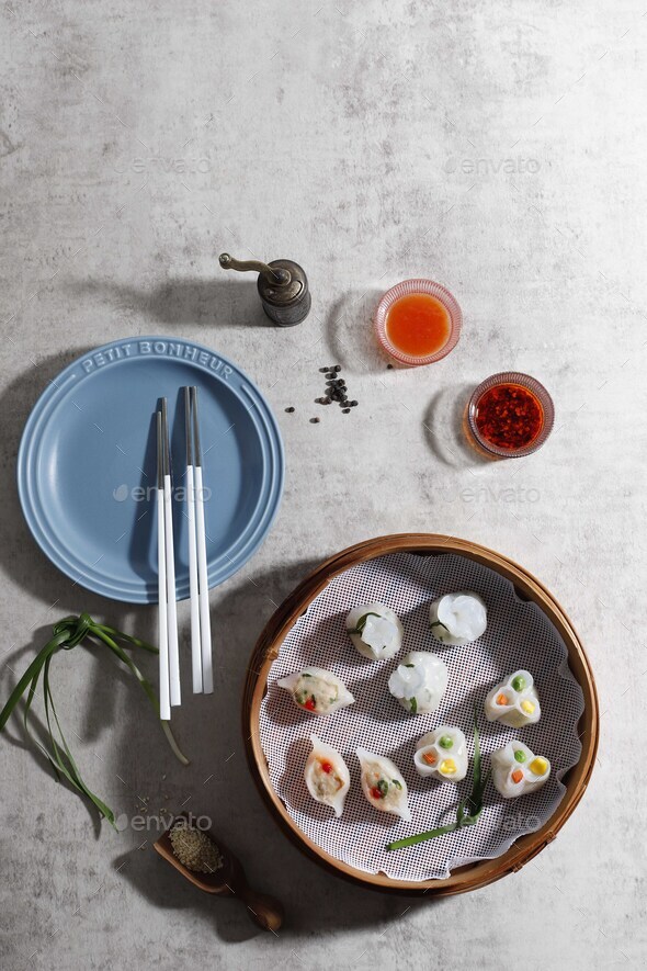 Flatlay Various Yumcha Vegetable Dim Sum Dumpling on Pastel Color Plate ...