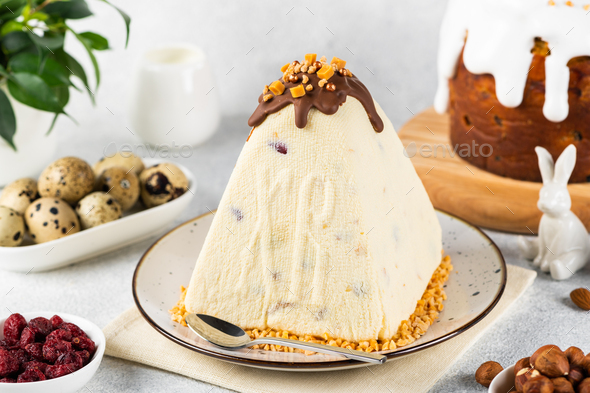 Traditional cottage cheese Easter paskha and eggs. Russian paskha ...