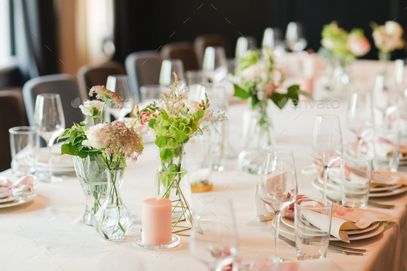Coziness and style. Modern event design. Table setting at wedding ...