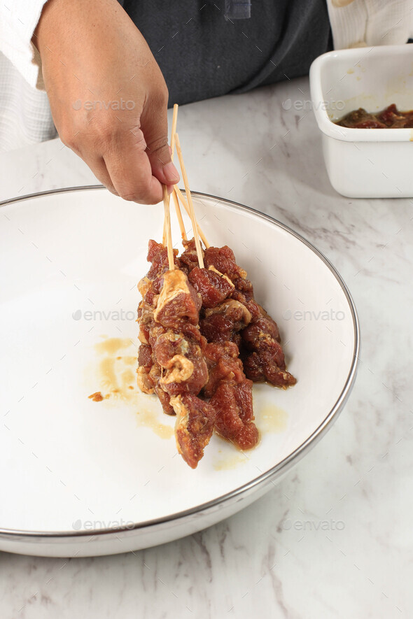 Preparing Homemade Lamb Satay (Sate Kambing) for Idul Adha Menu. Stock ...