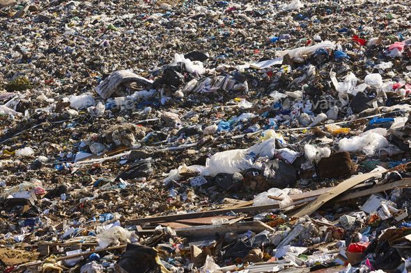 Open air garbage dump. Plastic waste pollution. Global warming ...