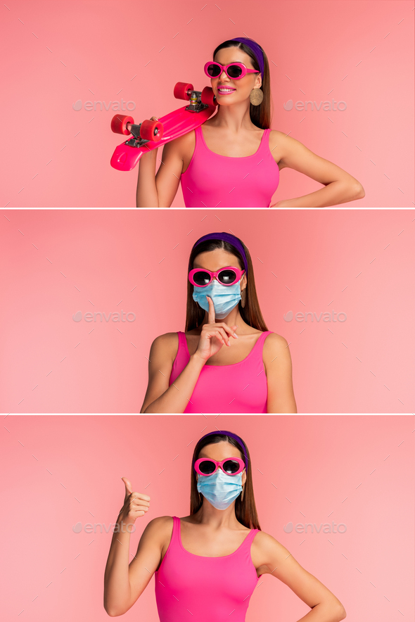 Collage of girl in medical mask with hand on hip and penny board ...