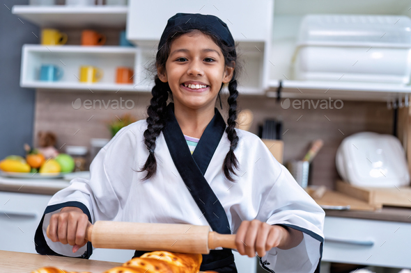 Children in learning kitchen room playing use fake bread and wooden ...