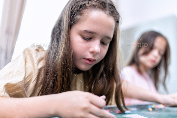 Children in class room happy laughing enjoy draw picture on green board ...