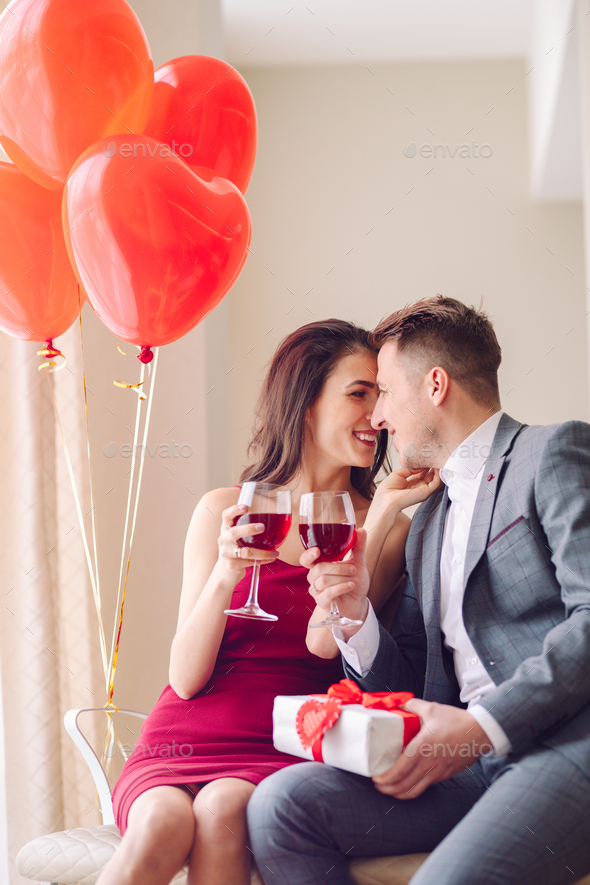 Valentine's Day concept. Happy couple in love. Couple celebrating ...