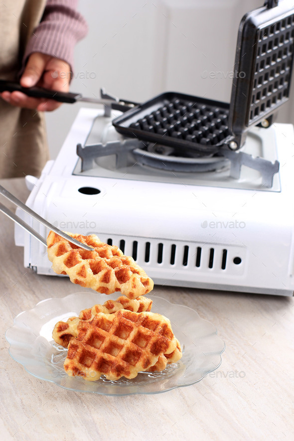 Chef Hand Take Croffle from Stove, Preparation Making Croissant Waffle ...