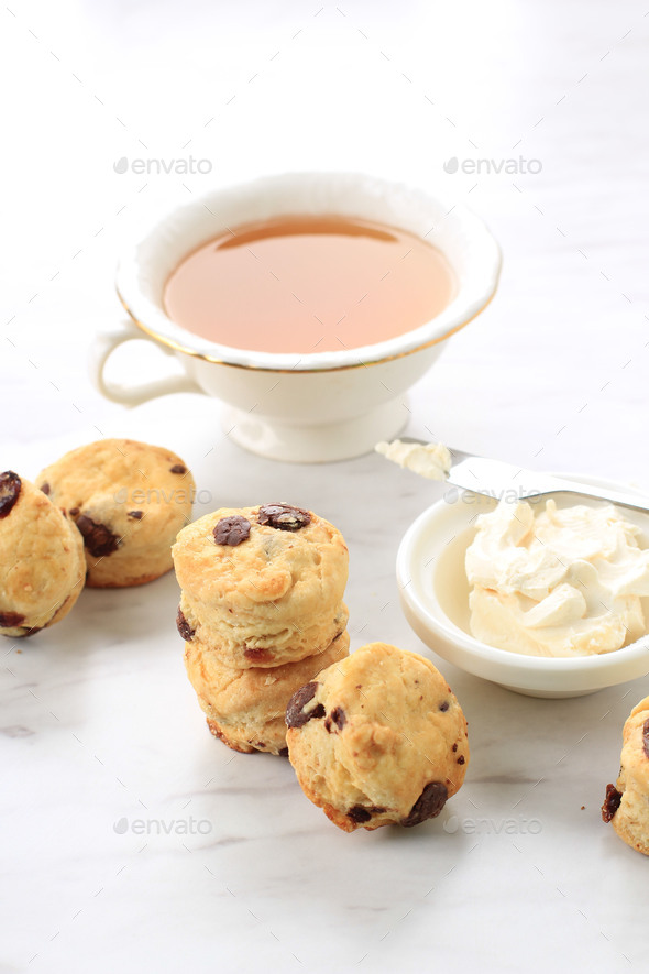 Mini Round Scones with Clotted Cream and a Cup of Tea, White Marble ...