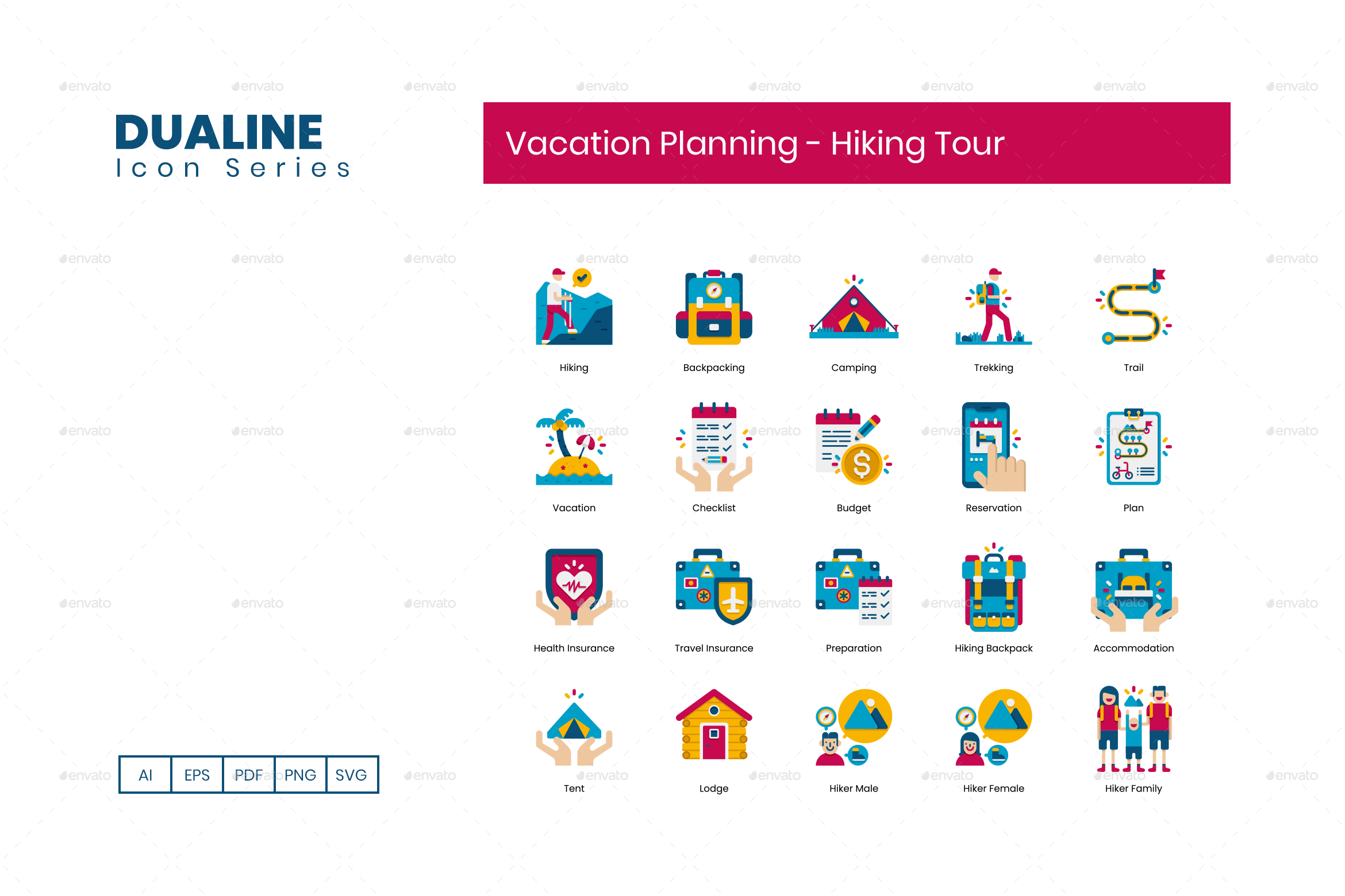 50 Vacation Planning - Hiking Tour Icons | Dualine Flat Series, Icons