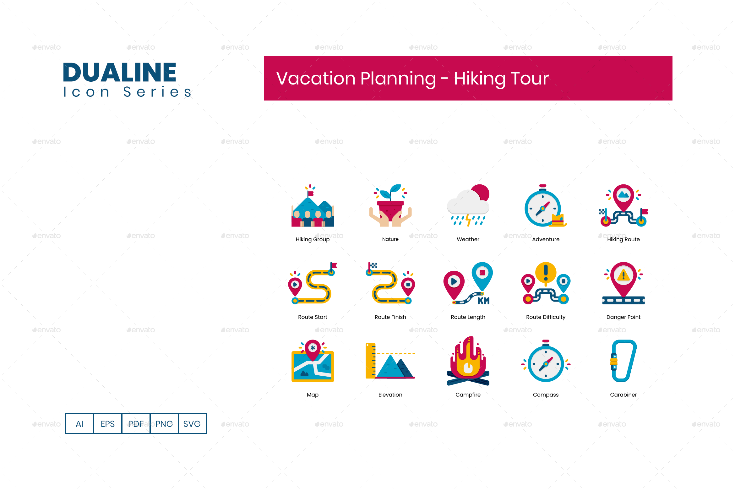 50 Vacation Planning - Hiking Tour Icons | Dualine Flat Series, Icons