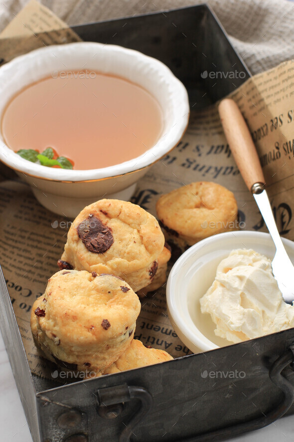 Mini Round Scones with Clotted Cream and a Cup of Tea, White Marble ...