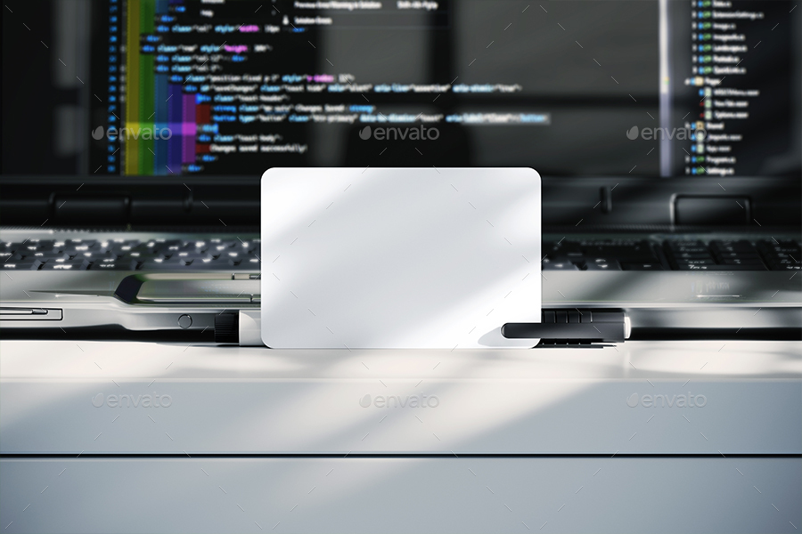 Rounded Corner Business Card Next To Laptop Mockup, Graphics | GraphicRiver