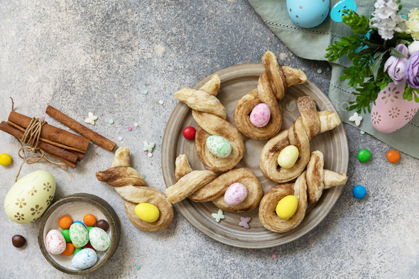 Easter bake idea. Easter rabbit-shaped buns puff pastry with cinnamon ...