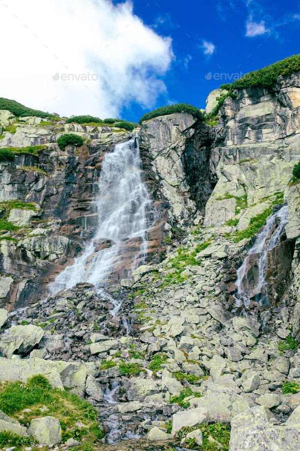 Panoramic view of Skok waterfall and the lake in the western part of ...
