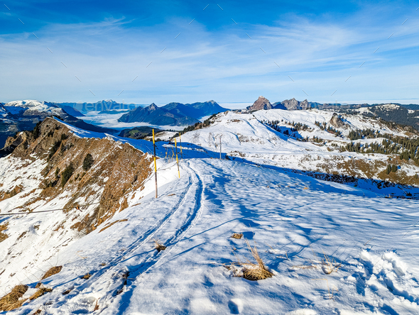 Snow covered mountains and ski slopes, ski area Stoos Stock Photo by ...