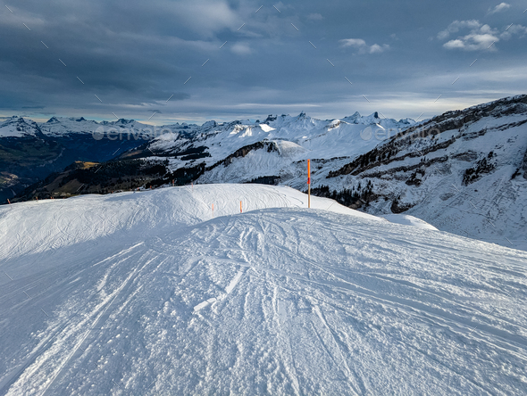 Snow covered mountains and ski slopes, ski area Stoos Stock Photo by ...