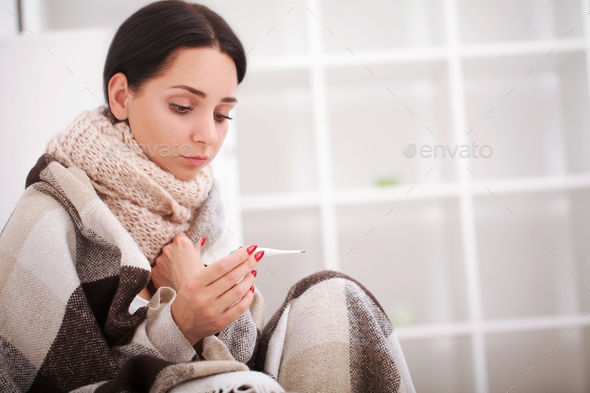 Sick Woman with Thermometer. Flu. Woman Caught Cold Stock Photo by maksymiv