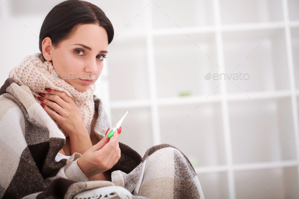 Sick Woman with Thermometer. Flu. Woman Caught Cold Stock Photo by maksymiv