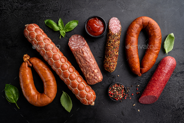 Set of different types of sausages Stock Photo by ipolly80 | PhotoDune