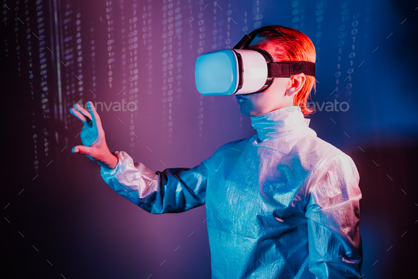 Metaverse concept. Woman in holographic clothes and vr glasses on ...